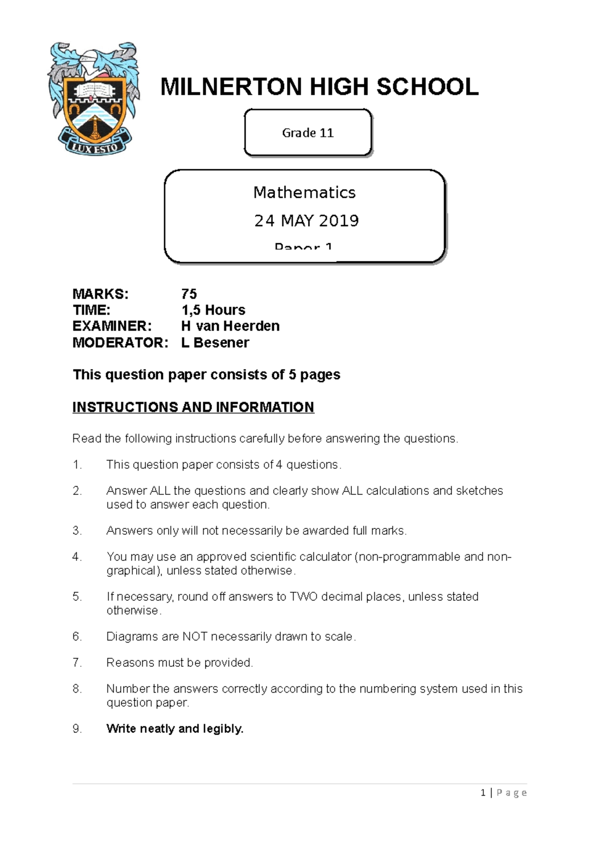 Grade 11 Paper 1 June 2019 - MILNERTON HIGH SCHOOL MARKS: 75 TIME: 1,5 ...
