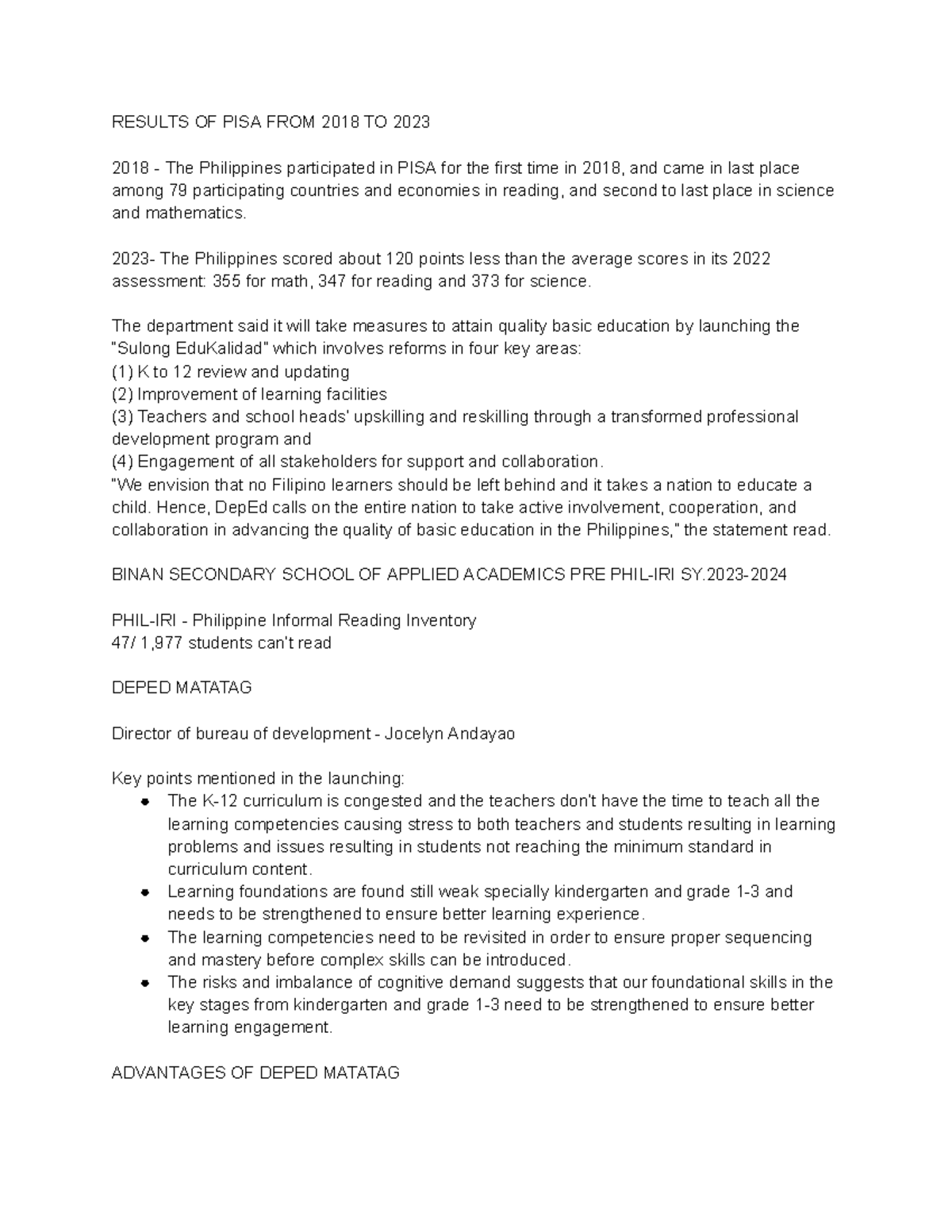 READ-A-TON Contest Notes - RESULTS OF PISA FROM 2018 TO 2023 2018 - The ...