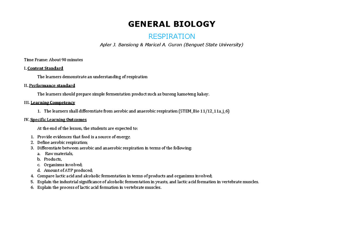 Generai Biology 5E detailed Lesson Plan Sample on Respiration - GENERAL ...