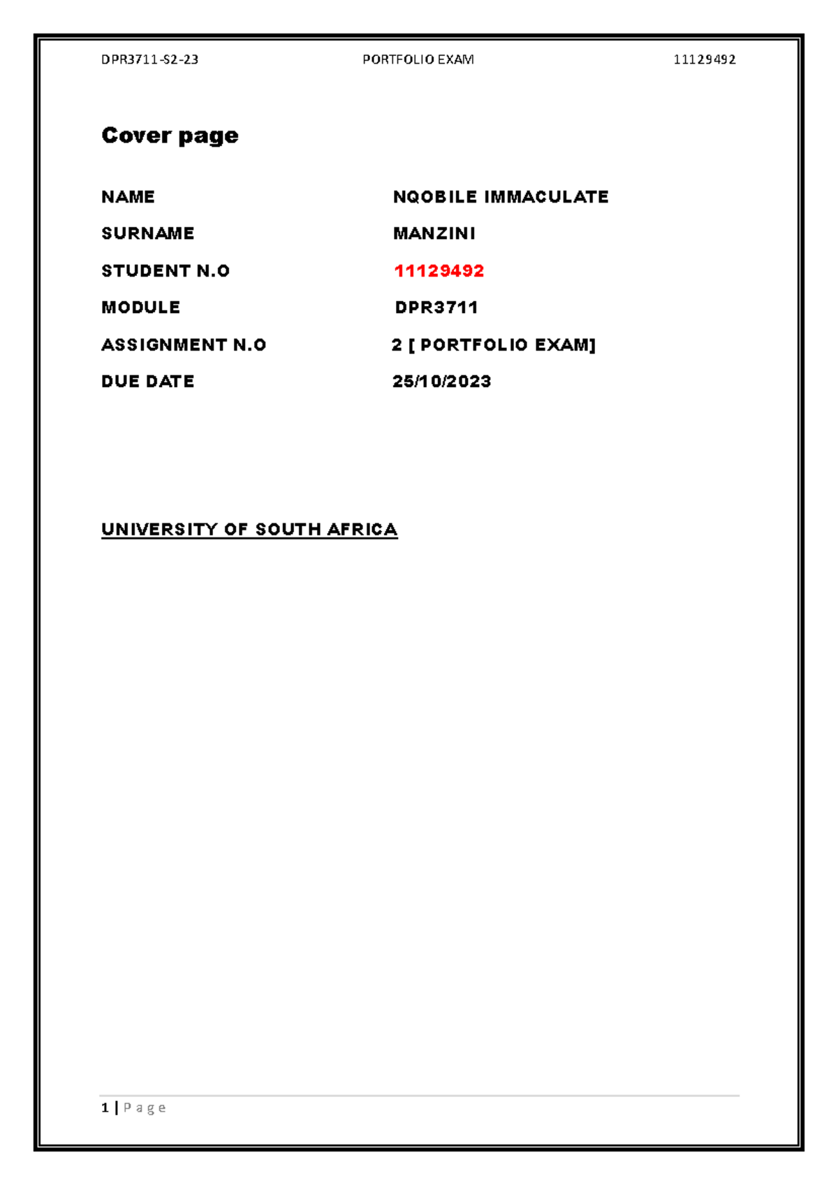 DPR3711-S2-23 portfolio exam - Cover page NAME NQOBILE IMMACULATE ...