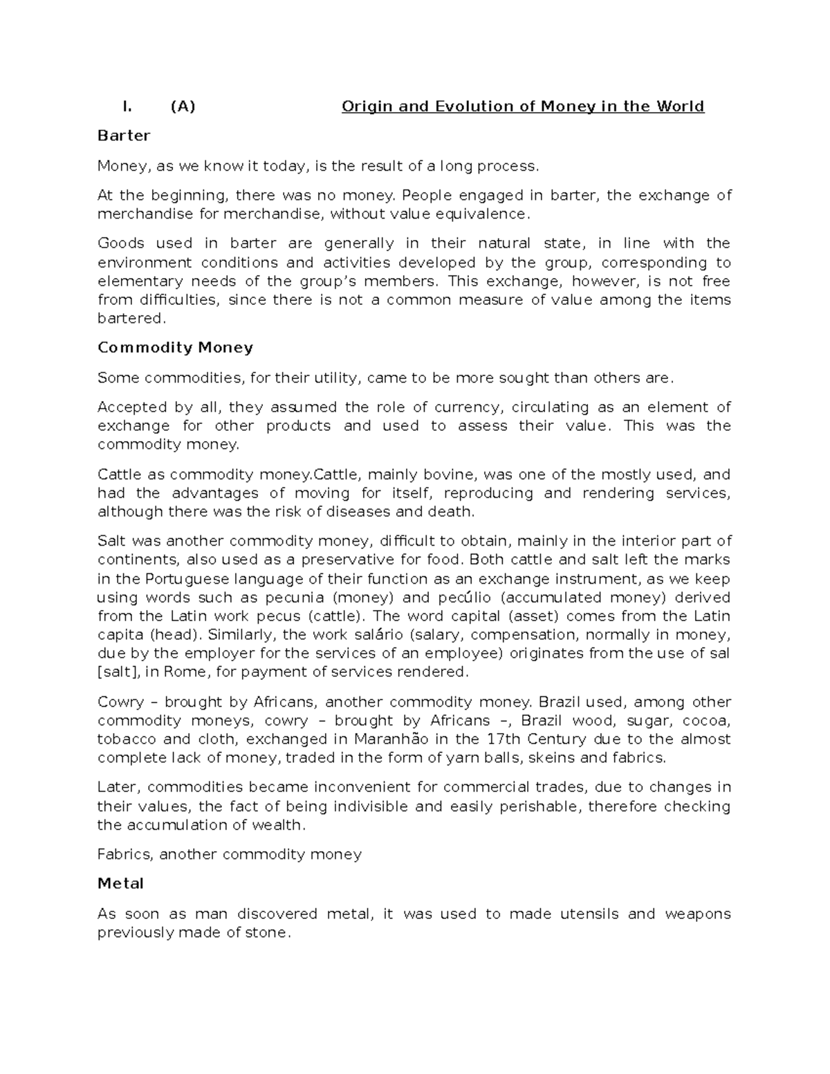 Basic Finance - Lecture notes 1 - I. (A) Origin and Evolution of Money ...