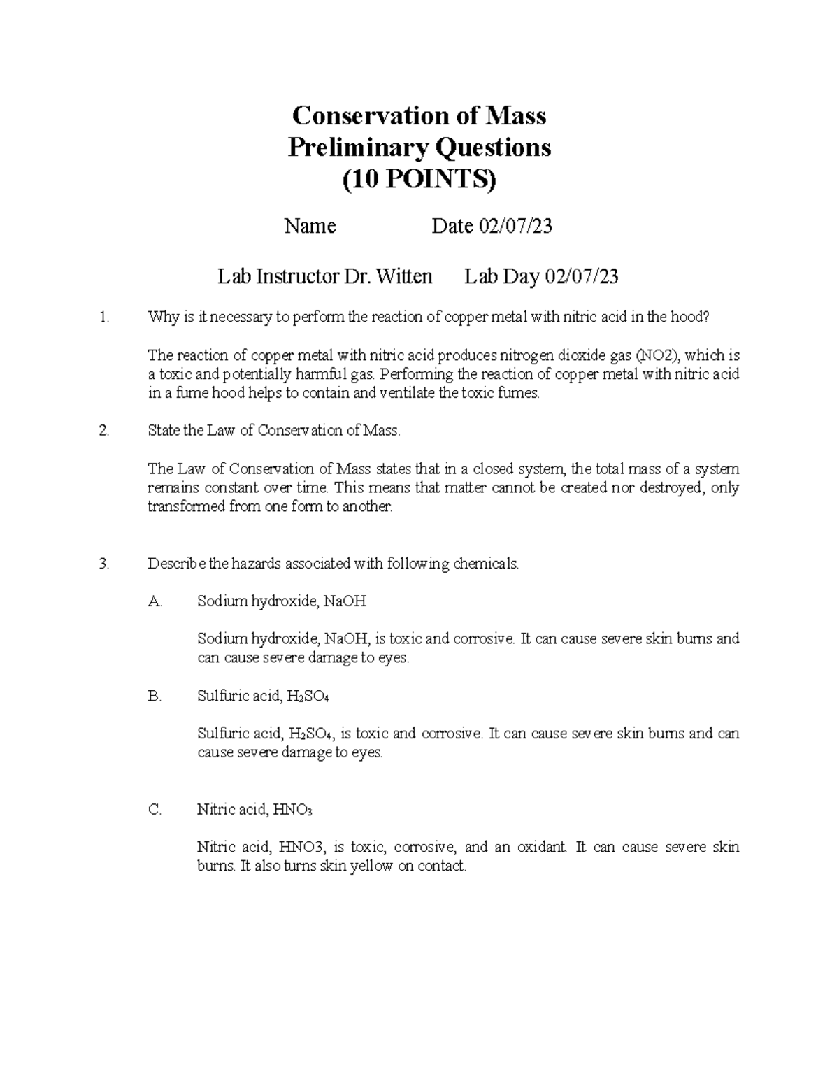 Conservation of mass pre lab questions copy - Conservation of Mass ...