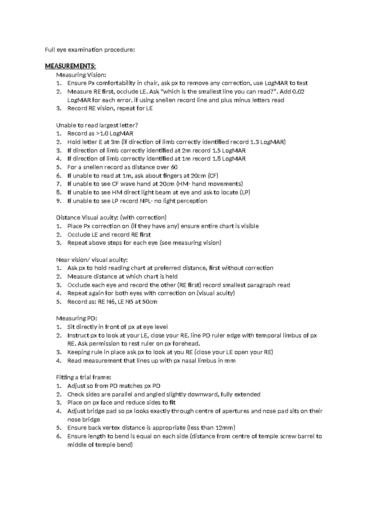 Eye exam procedure copy - Full eye examination procedure: MEASUREMENTS ...