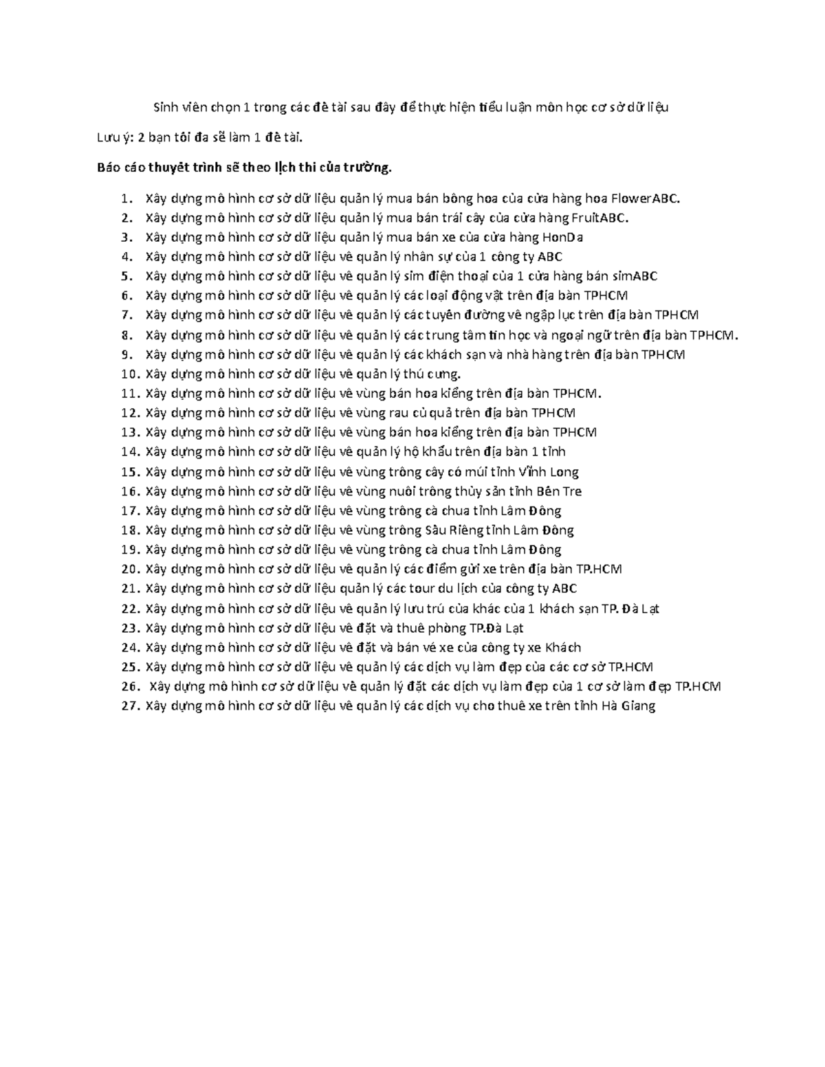 List project student database - Sinh viên ch n 1 trong các đêề tài sau đây đọ ể th ực hi n t u ...