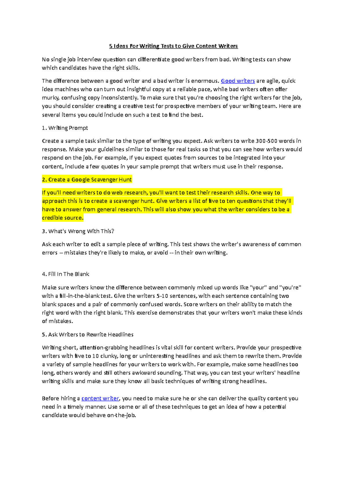 5 Ideas For Writing Tests to Give Content Writers - Writing tests can ...