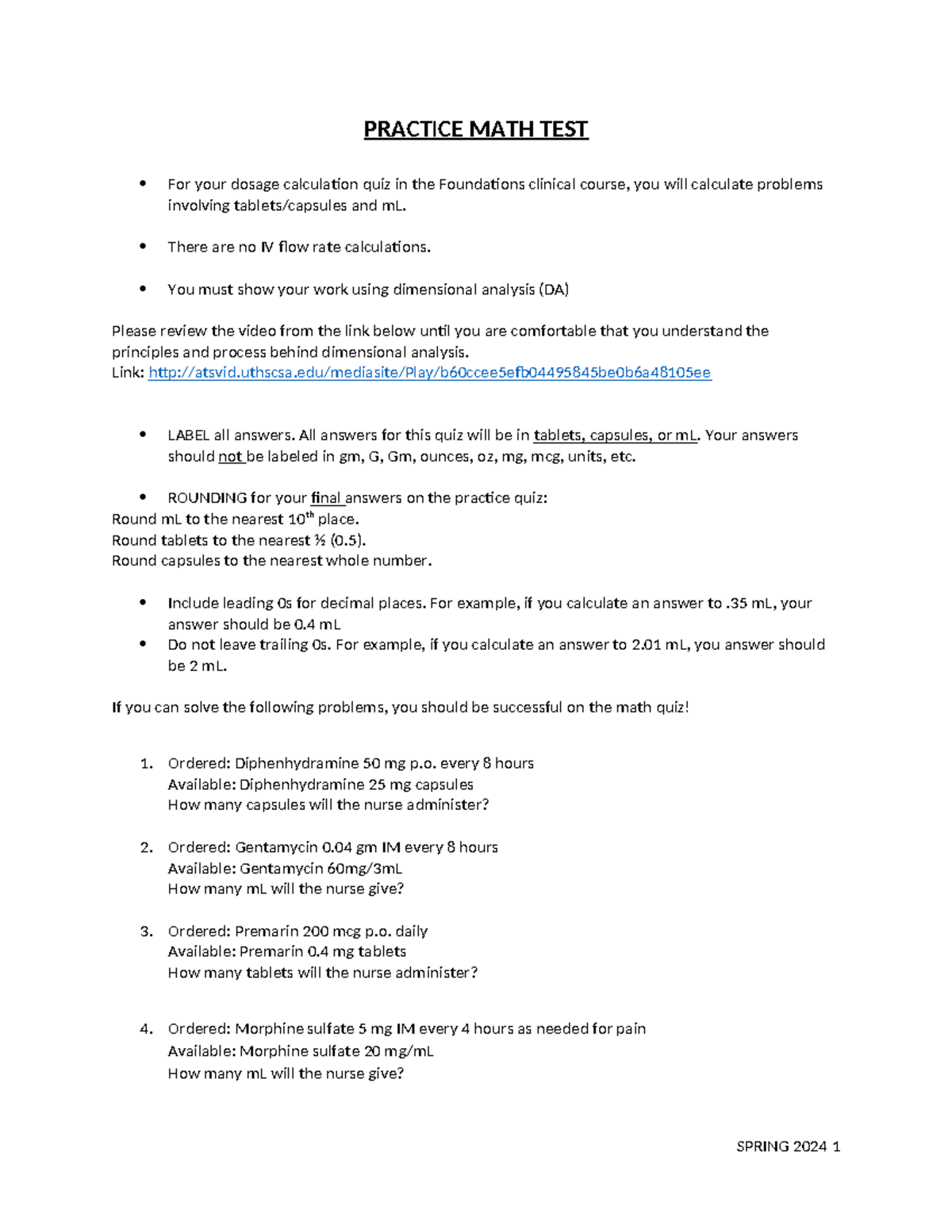 DA Calculation Practice Problems Spring 2024 PRACTICE MATH TEST For