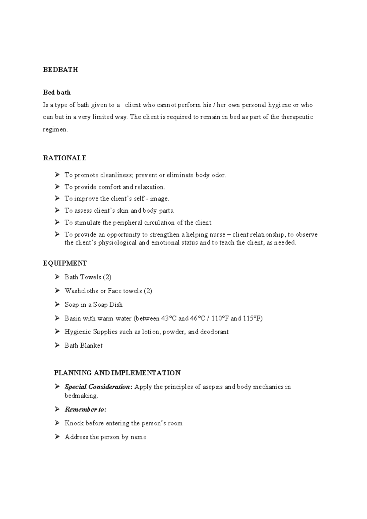 BED BATH - Nursing assessment and lecture notea - BEDBATH Bed bath Is a ...