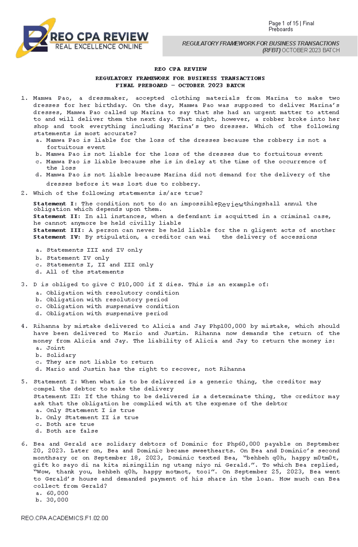 B6 RFBT Final Preboard - ASDS - Page 1 of 15 | Final Preboards REGULATORY FRAMEWORK FOR BUSINESS ...