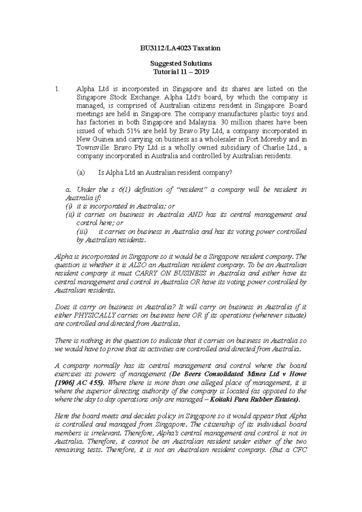 Tutorial 11 Solutions - BU3112/LA4023 Taxation Suggested Solutions ...