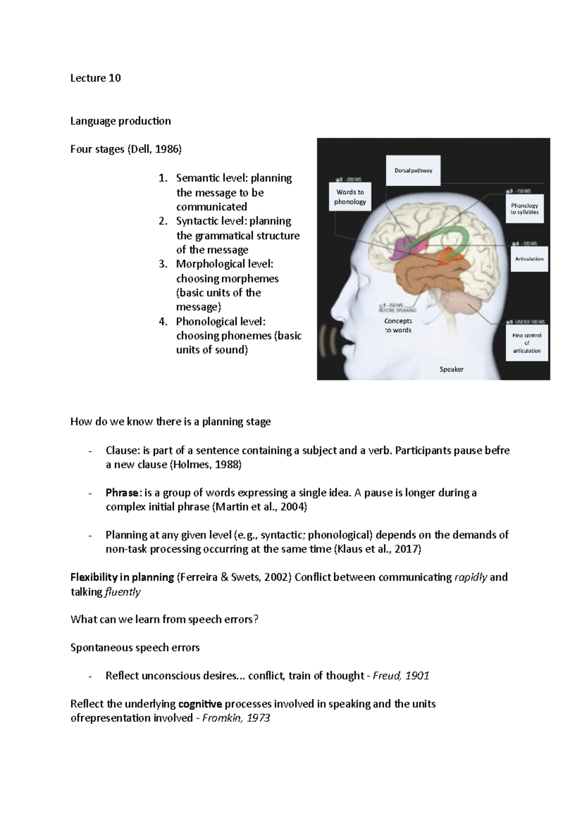 Memory and attention Lecture 10 - Lecture 10 Language production Four stages (Dell, 1986) 1 ...