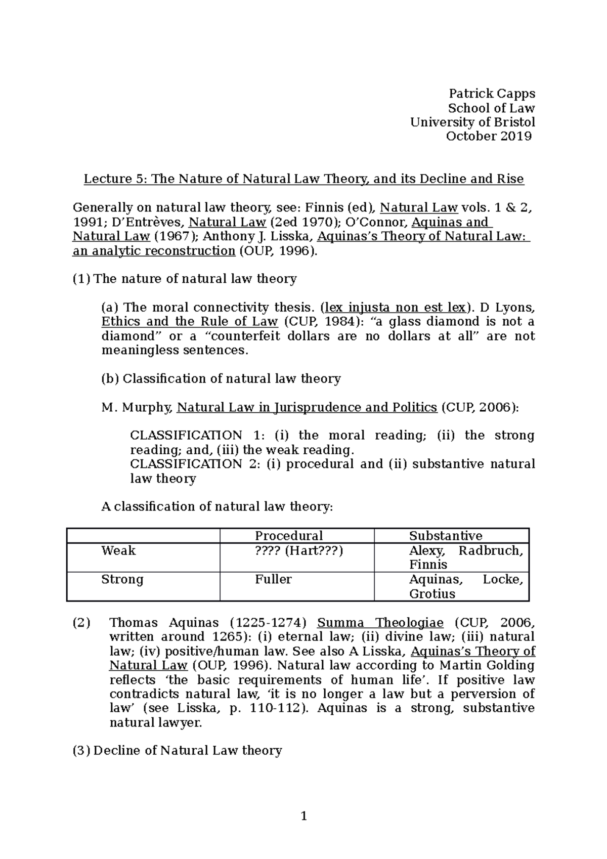 Natural Law Lectures 5-7 - Patrick Capps School of Law University of ...