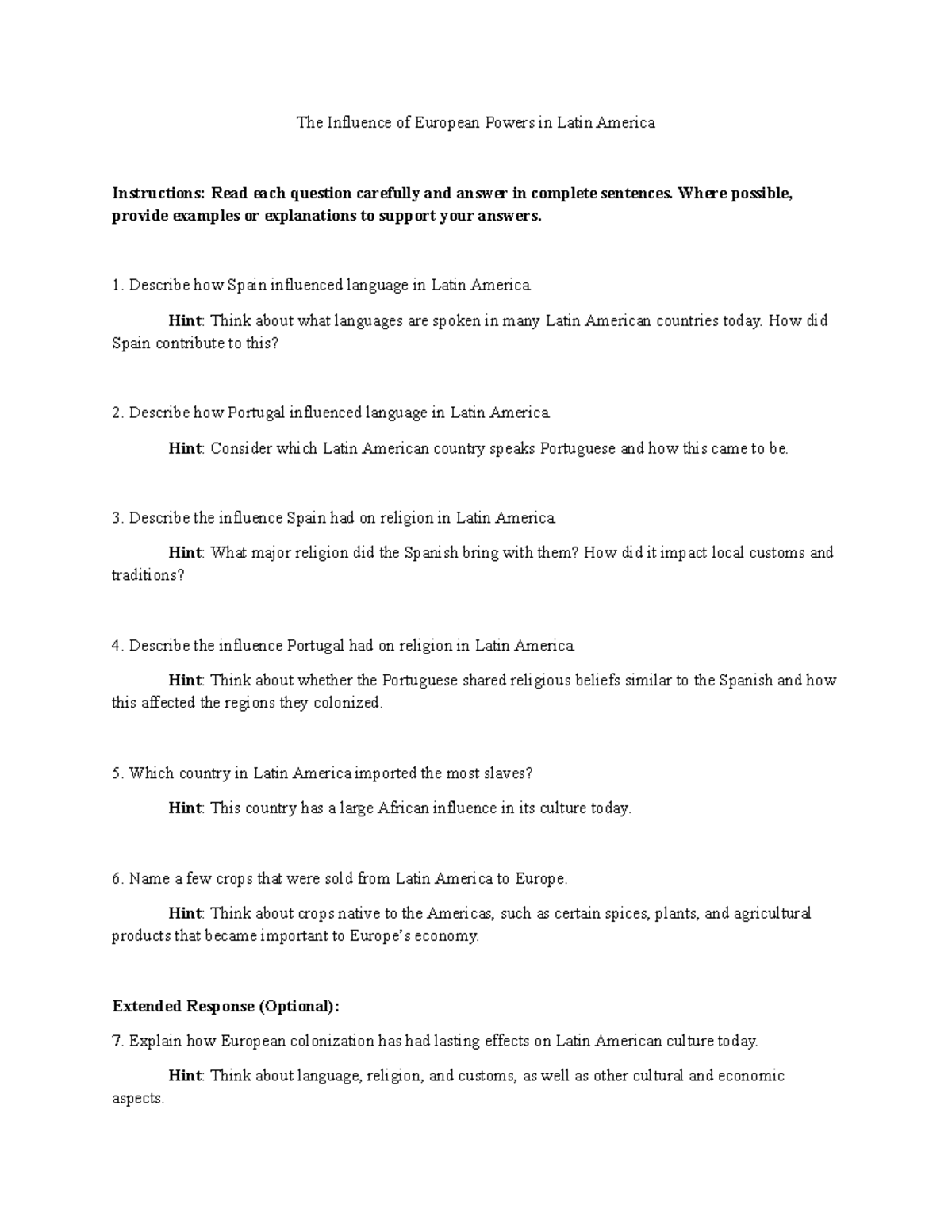 Haili Clemons - Unit 4 - Review Worksheet - The Influence of European Powers in Latin America ...