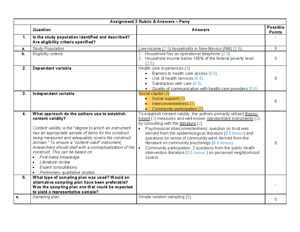 Week3 Assignment 3 Answers Perry - Question Answers PossiblePoints 1. Is the study population ...