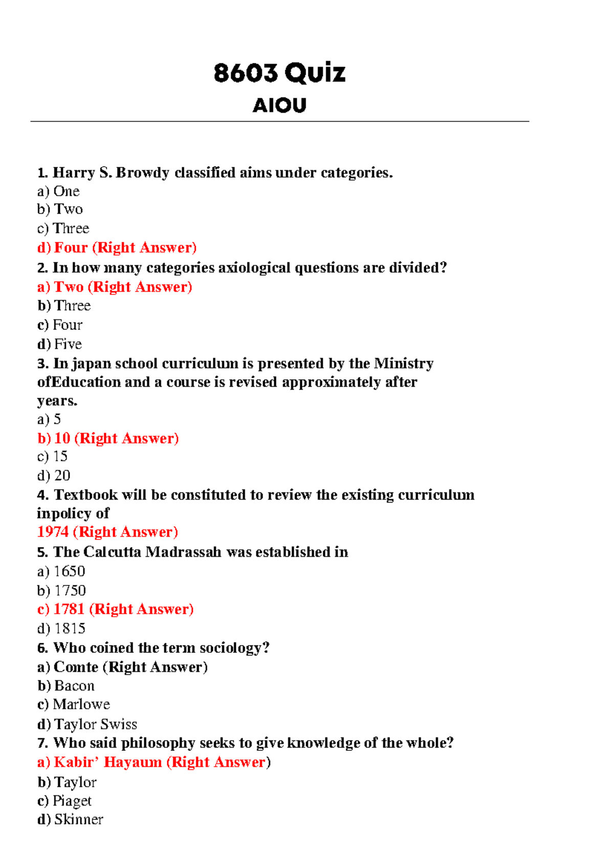 Quiz(8603)-Spring 2023 - Harry S. Browdy classified aims under ...