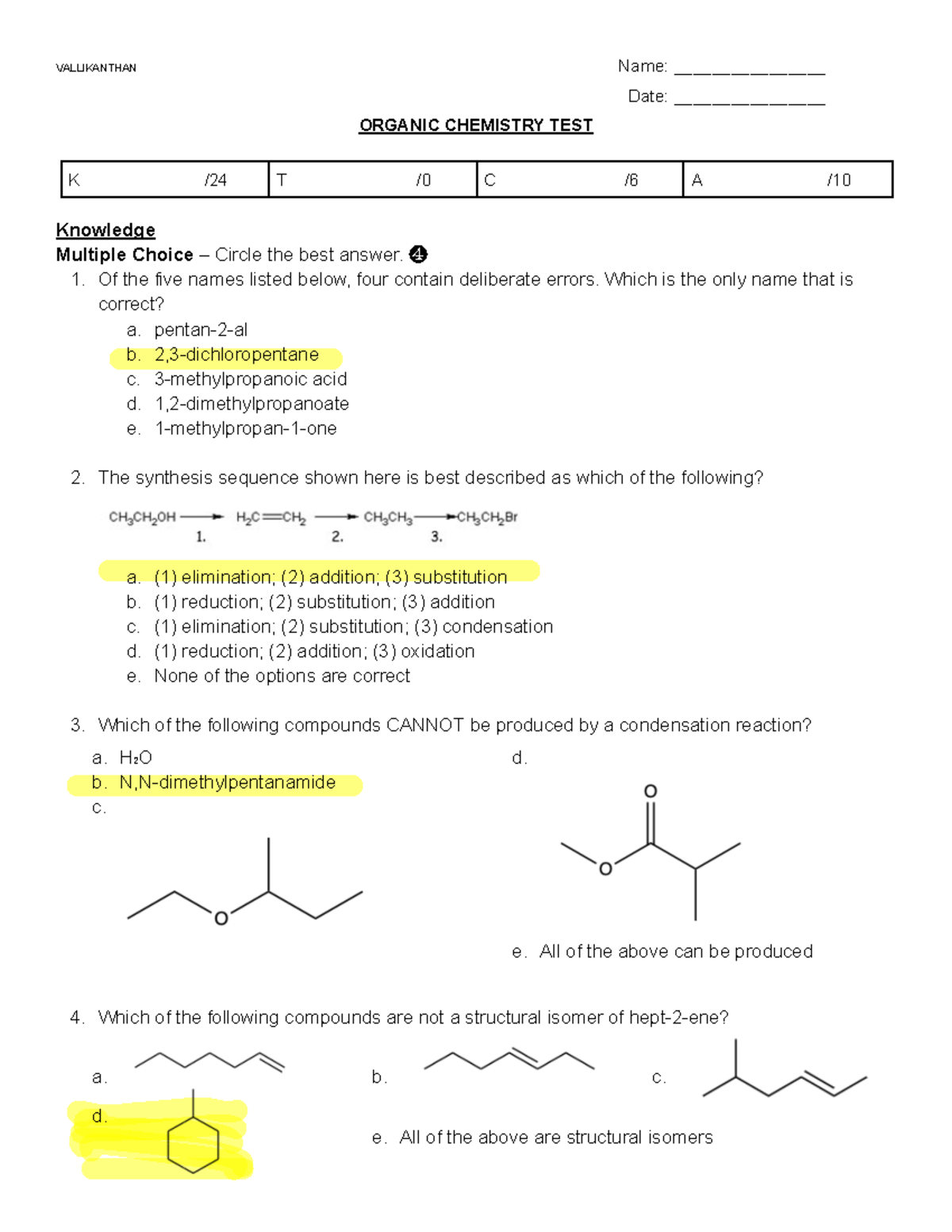 Organic Chemistry Unit Test - Date: ________________ ORGANIC CHEMISTRY ...