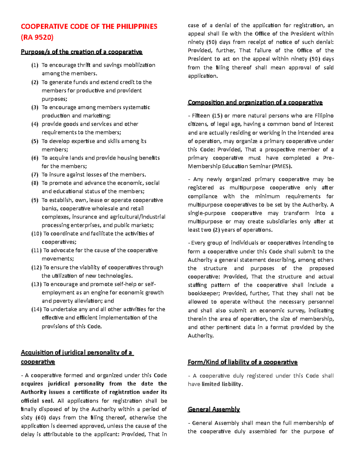 Reviewer (PCA, COOP, FRIA) - COOPERATIVE CODE OF THE PHILIPPINES (RA ...