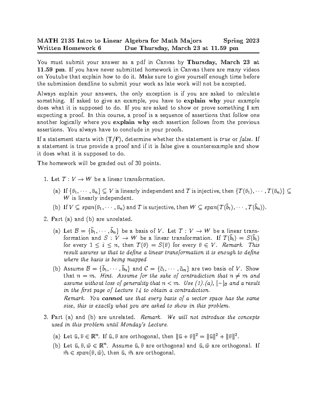 Written Homework 7 - linear transformation proofs, surjective, linear ...
