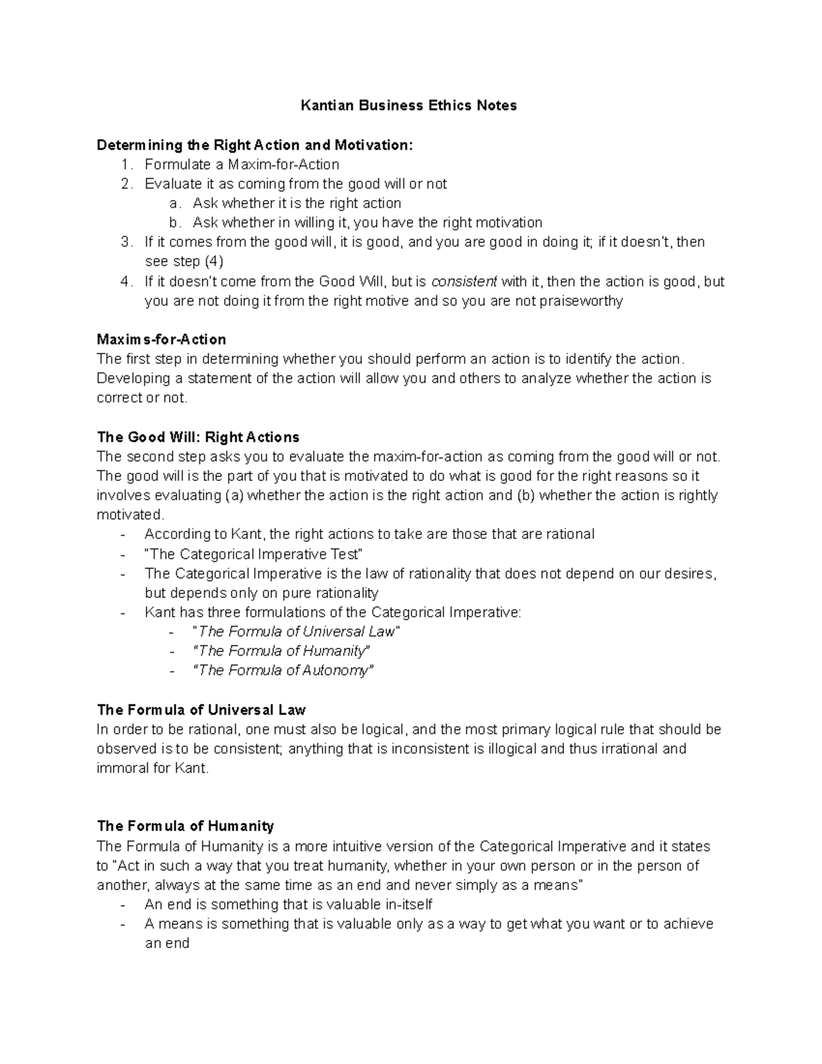 Salazar - Kantian Business Ethics - Notes - Kantian Business Ethics ...