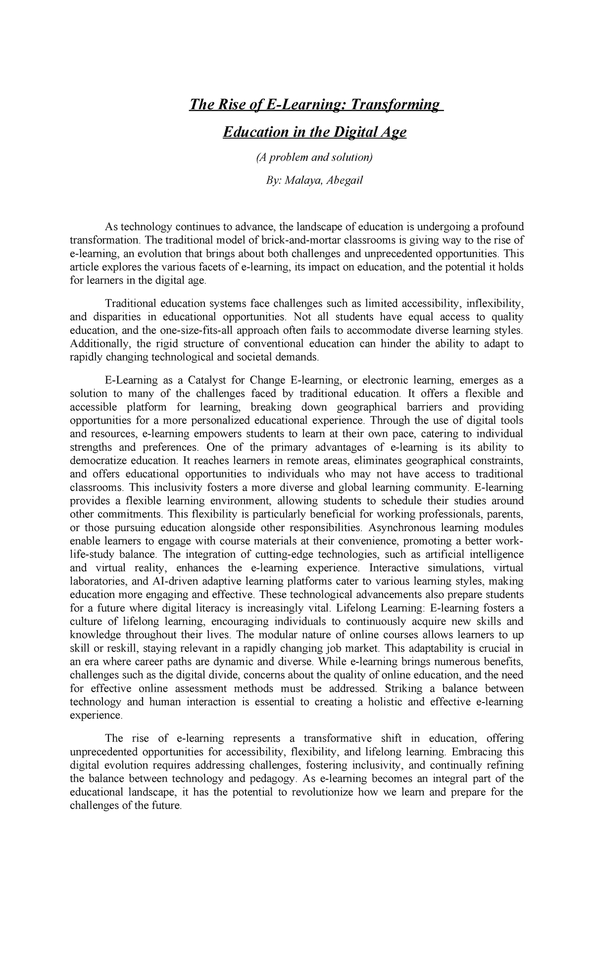 Articleproblemandsolution - The Rise of E-Learning: Transforming ...