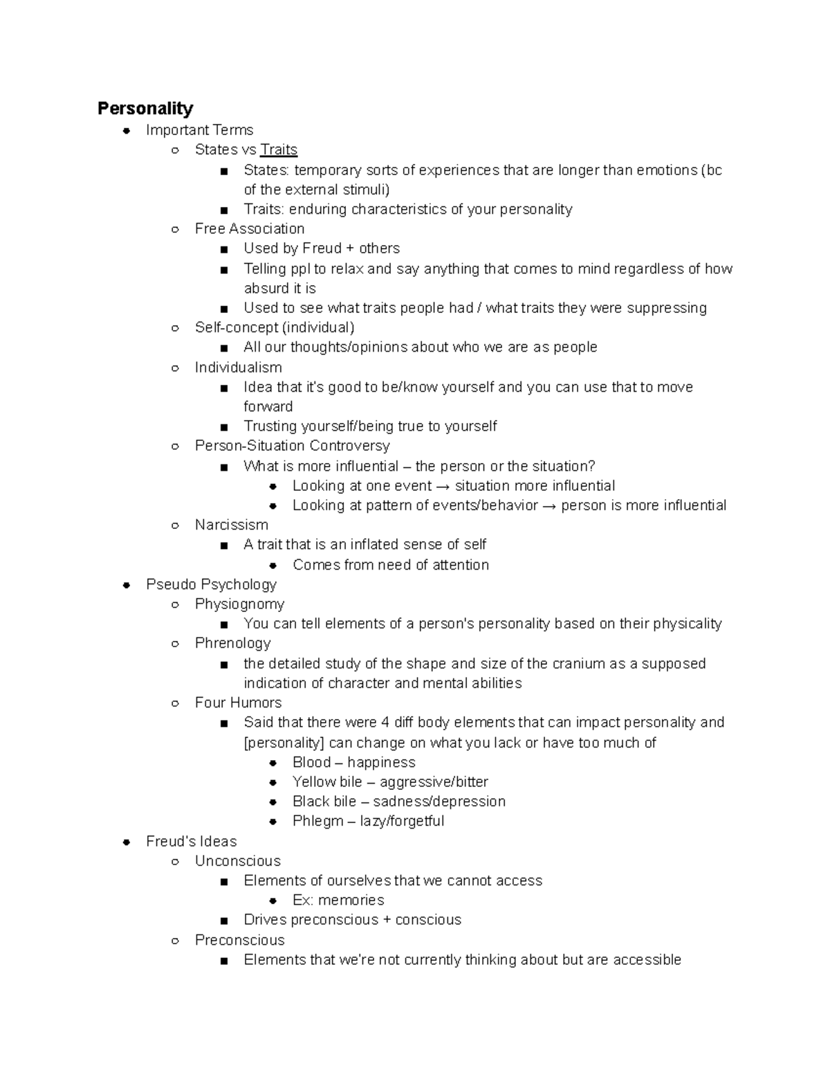Psych Chapters Exam 6 Notes - Personality Important Terms States vs ...