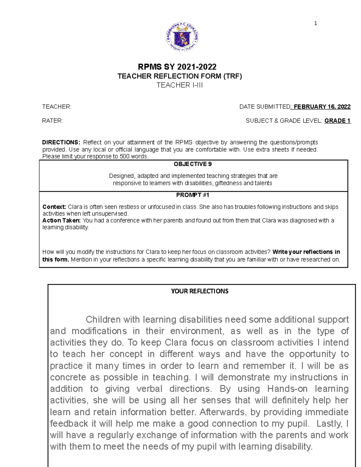 Trf - trf - 1 RPMS SY 2021- TEACHER REFLECTION FORM (TRF) TEACHER I-III ...