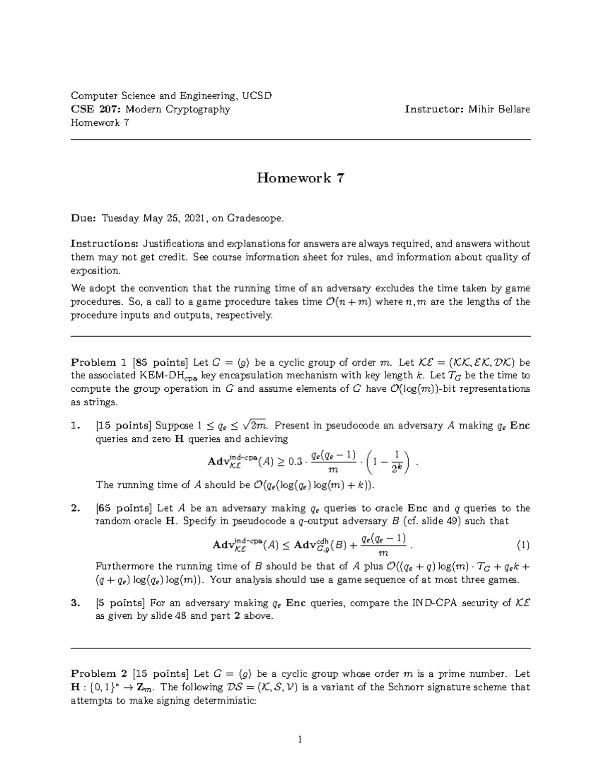 CSE207 Homework 7 - Computer Science and Engineering, UCSD Sp CSE 207: Modern Cryptography - Studocu