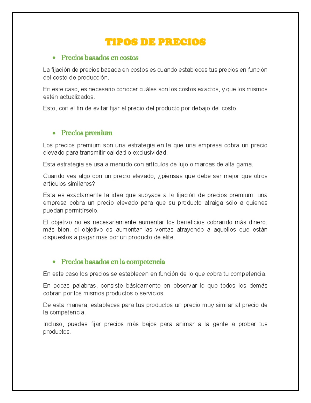 Tipos DE Precios - TIPOS DE PRECIOS • Precios basados en costos La ...