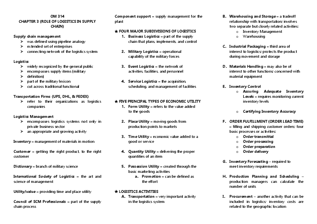 Logistics - notes - OM 314 CHAPTER 3 (ROLE OF LOGISTICS IN SUPPLY CHAIN ...