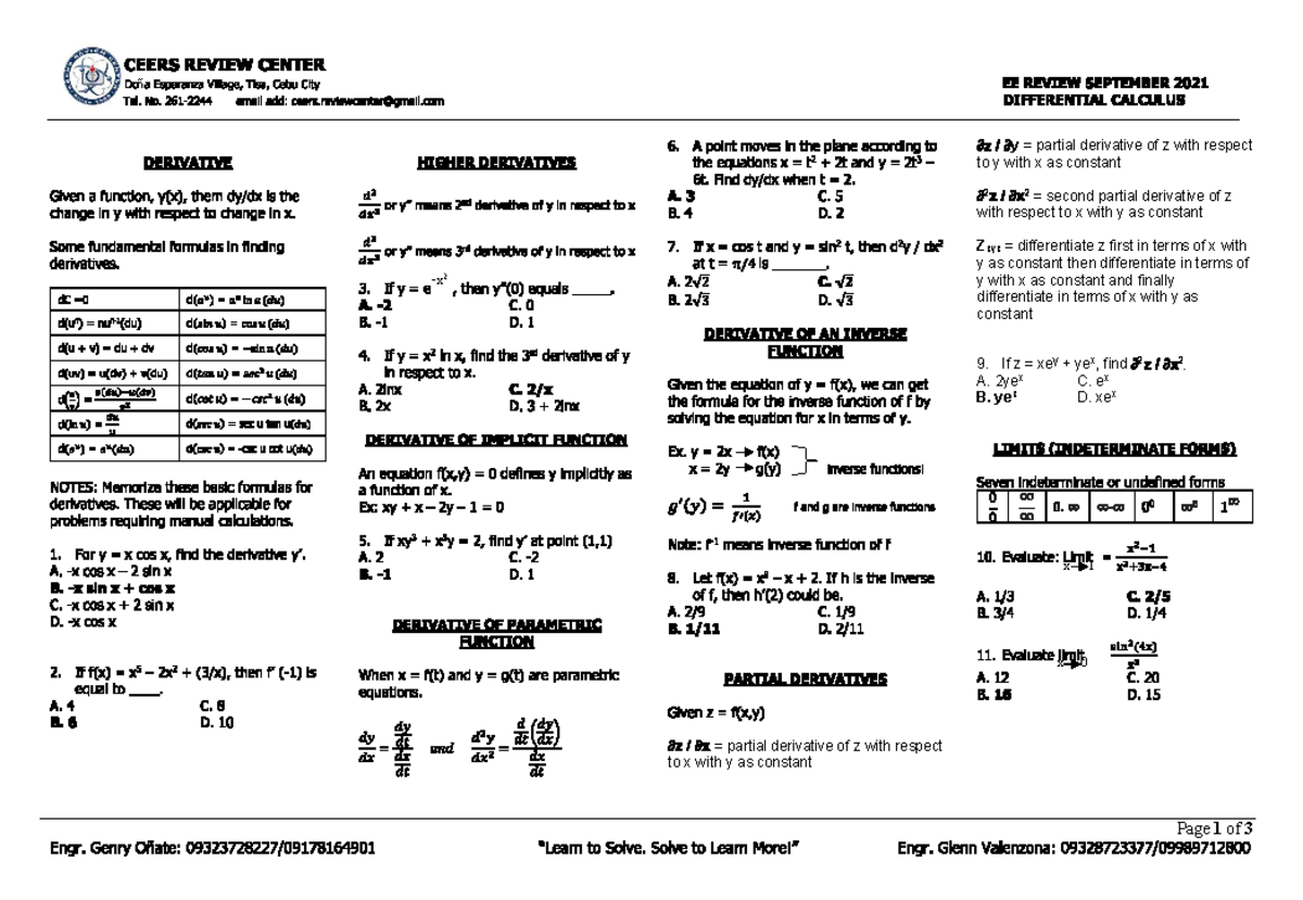 Differential CAL Supplementary Page 1 Of 3 Partial Derivative