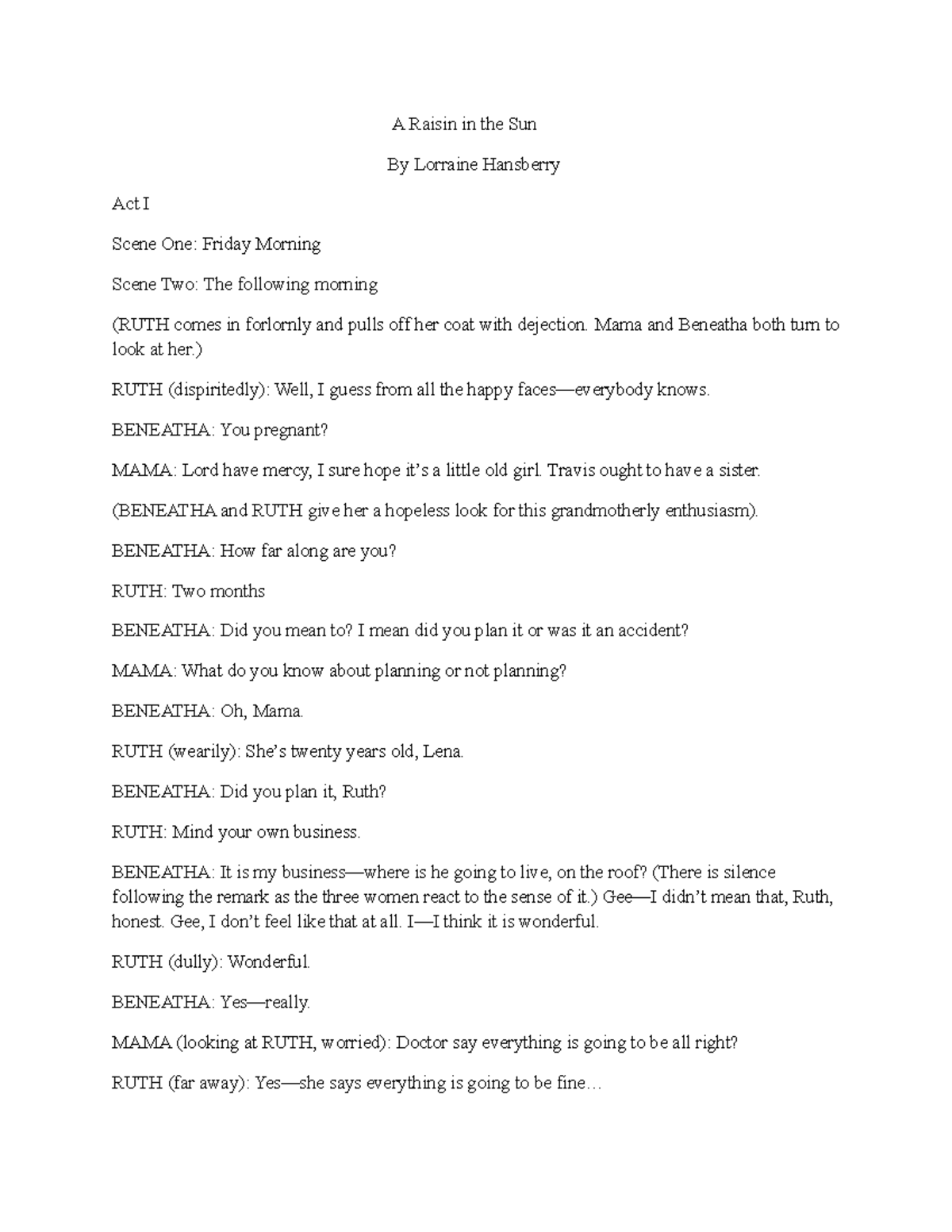 A Raisin in the Sun - Discourse analysis - A Raisin in the Sun By ...