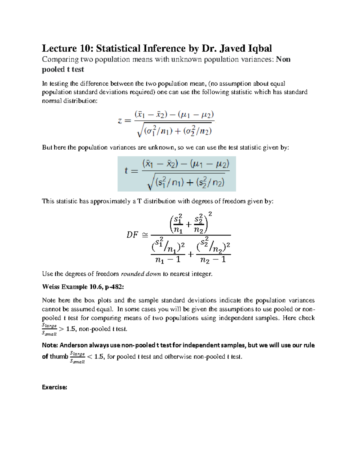 Lecture 10 - Non- Pooled T test - Lecture 10 : Statistical Inference by ...