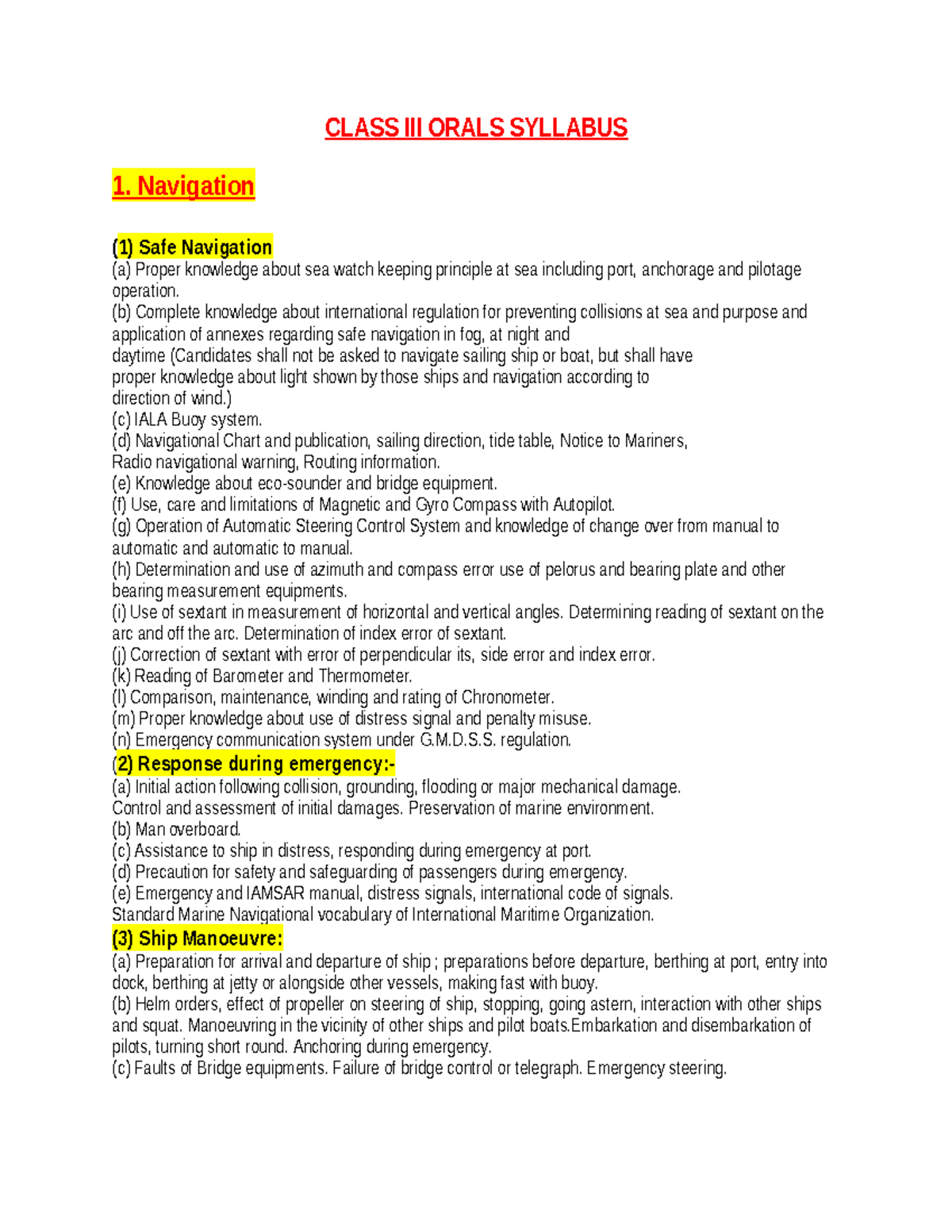 2. DG Orals Syllabus - CLASS III ORALS SYLLABUS 1. Navigation (1) Safe Navigation (a) Proper ...