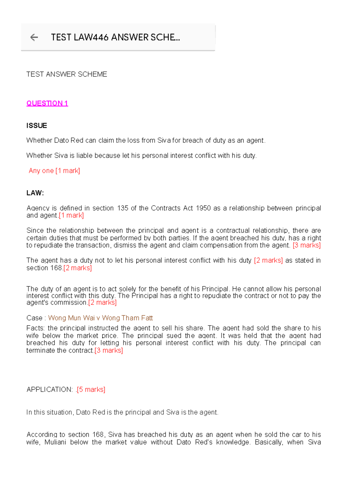 TEST LAW446 Answer Scheme - TEST ANSWER SCHEME QUESTION 1 ISSUE Whether ...