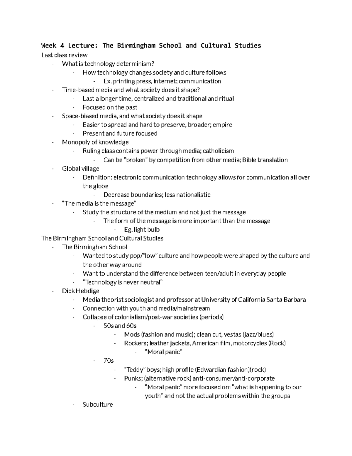J 314 The Birmingham School and Cultural Studies Lecture (Week 4) - Week 4 Lecture: The ...