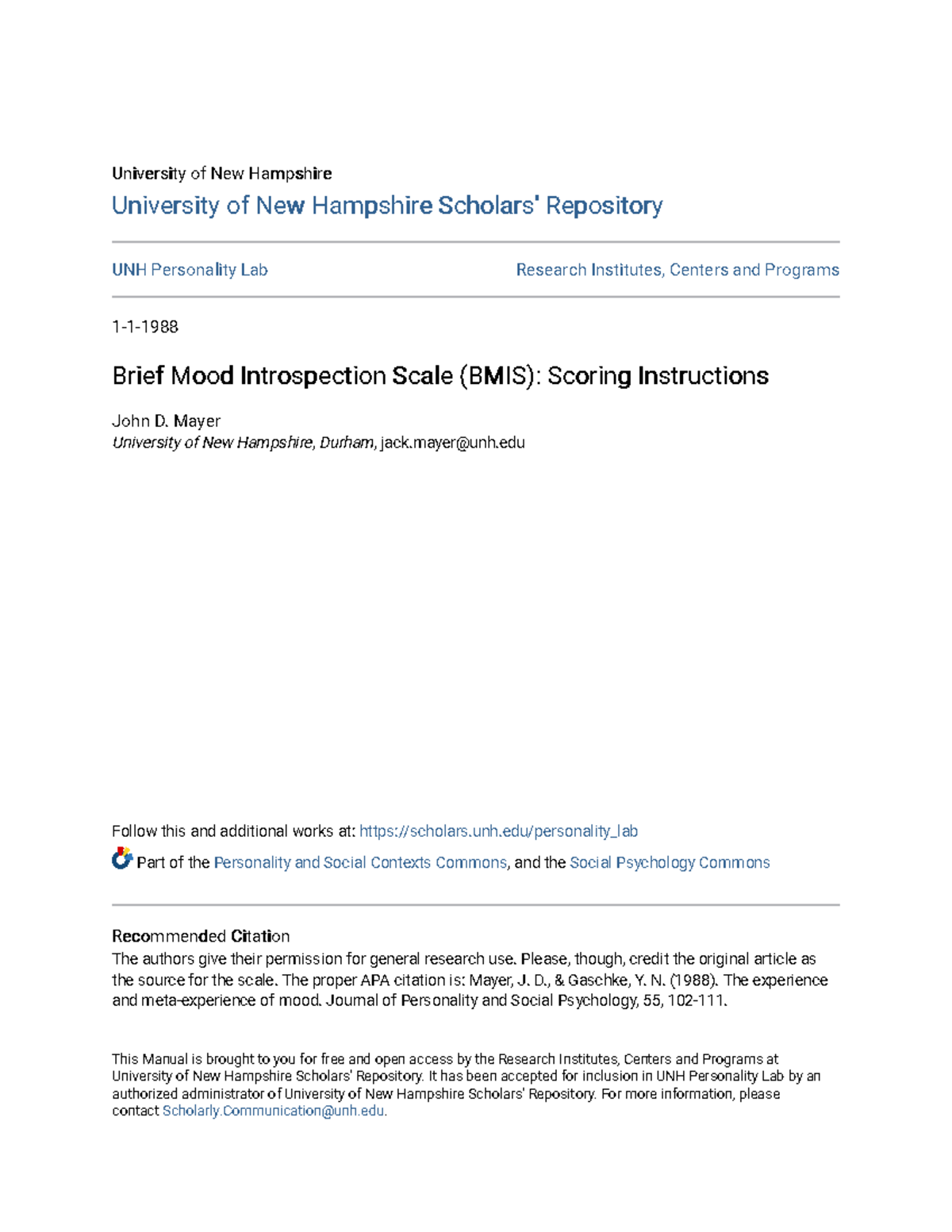 Brief Mood Introspection Scale (BMIS) Scoring Instructions - University ...