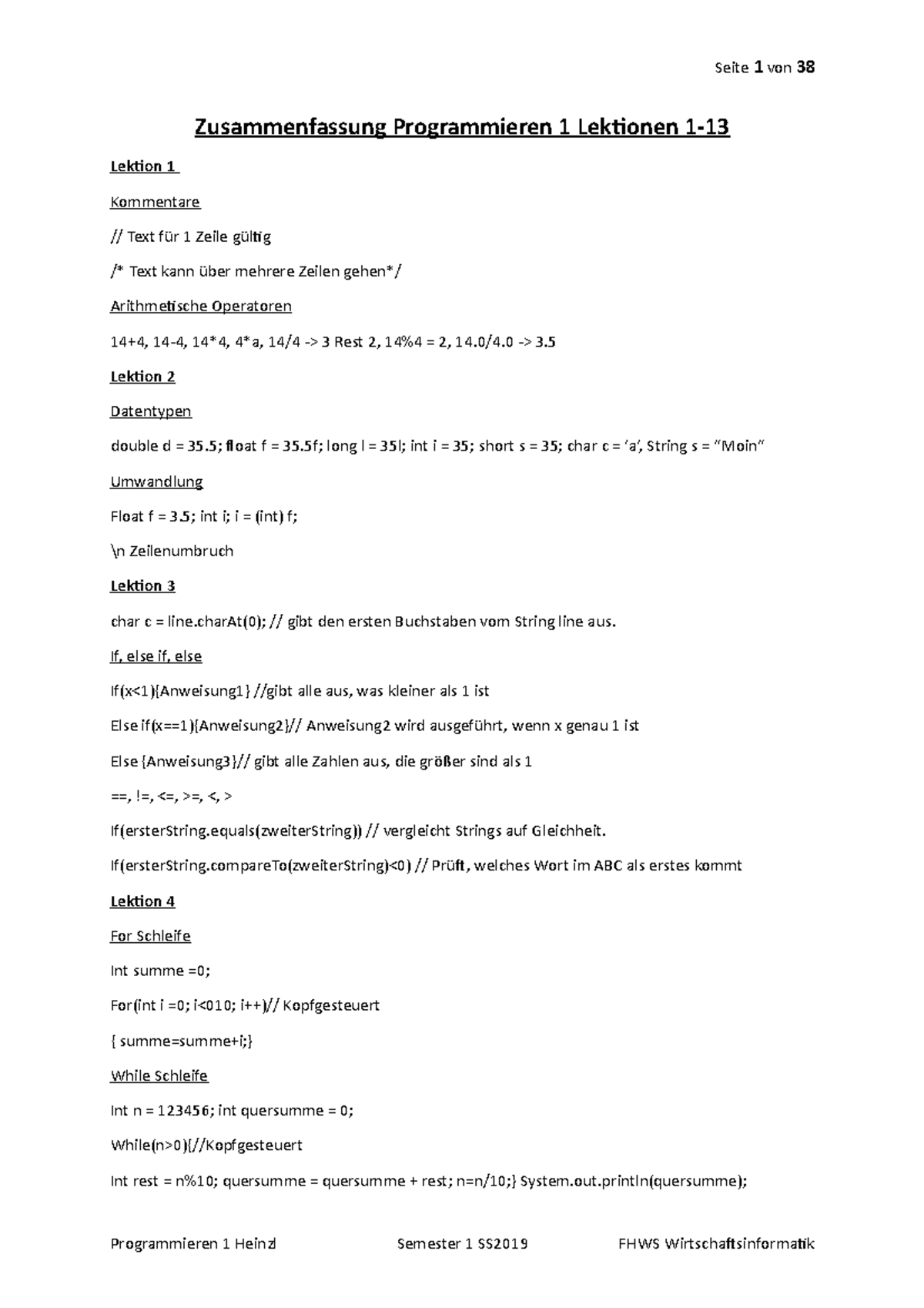 Zusammenfassung Prog1 - Zusammenfassung Programmieren 1 Lektionen 1- Lektion 1 Kommentare ...