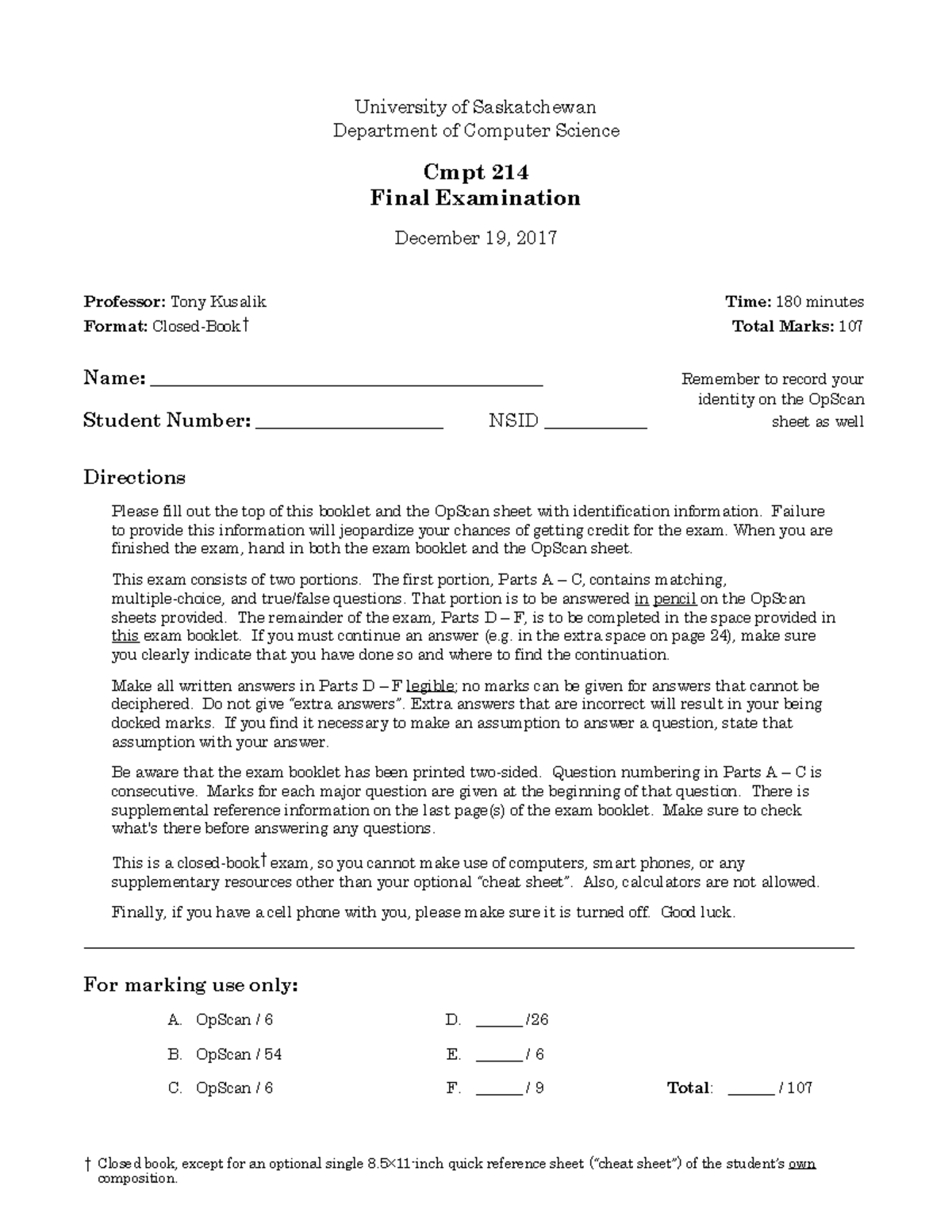 examfffffffffff - University of Saskatchewan Department of Computer ...