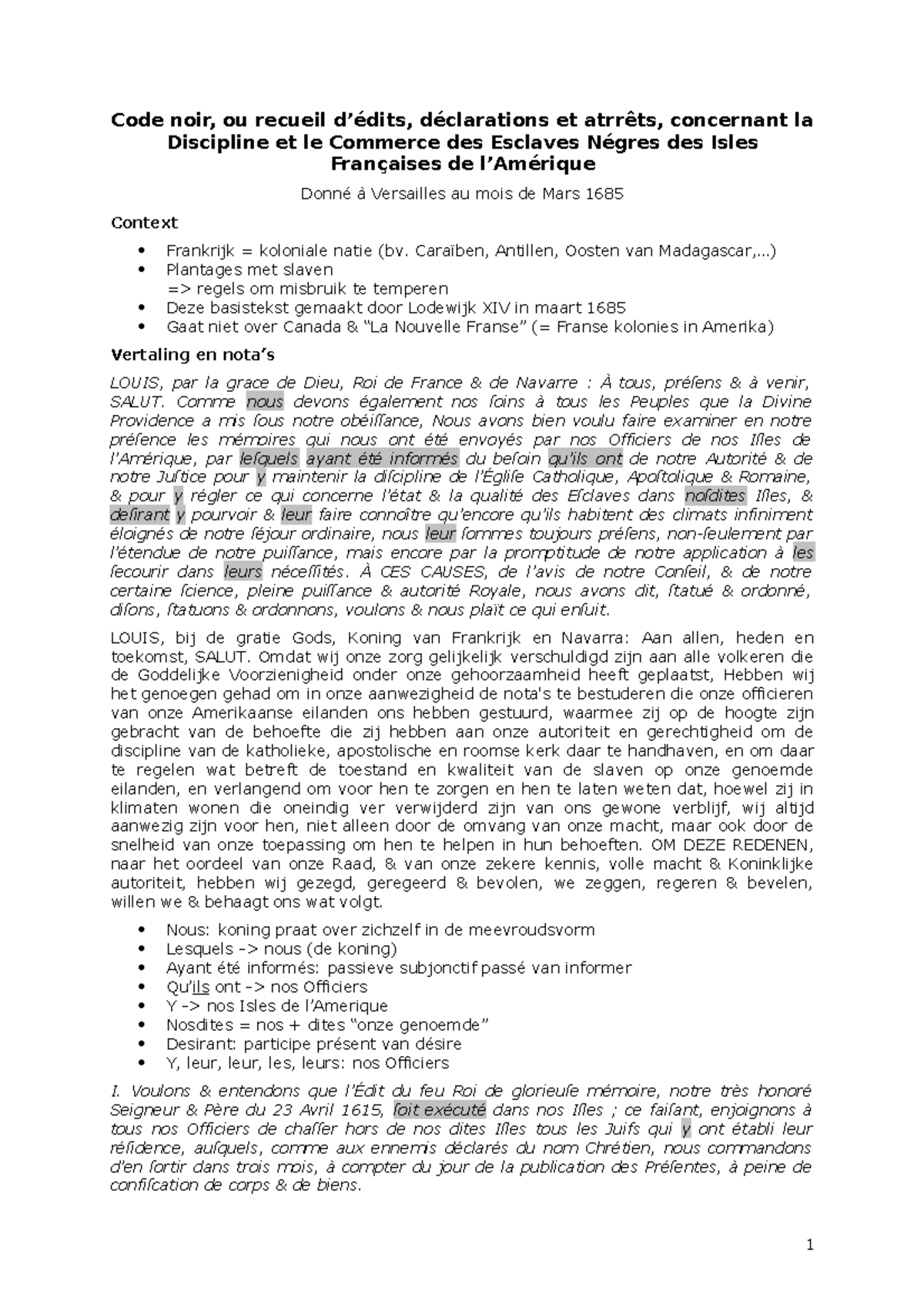 Code Noir 1685 - vertaling tekst en aantekeningen - Code noir, ou ...