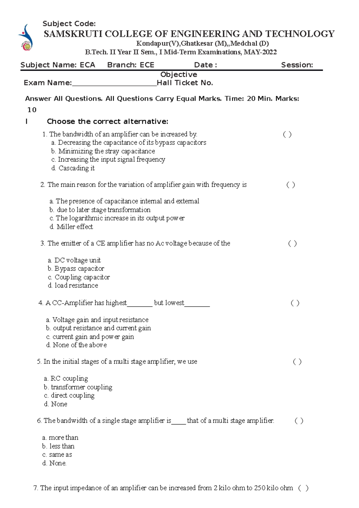 ECA objective - XXXX - Subject Code: SAMSKRUTI COLLEGE OF ENGINEERING AND TECHNOLOGY - Studocu