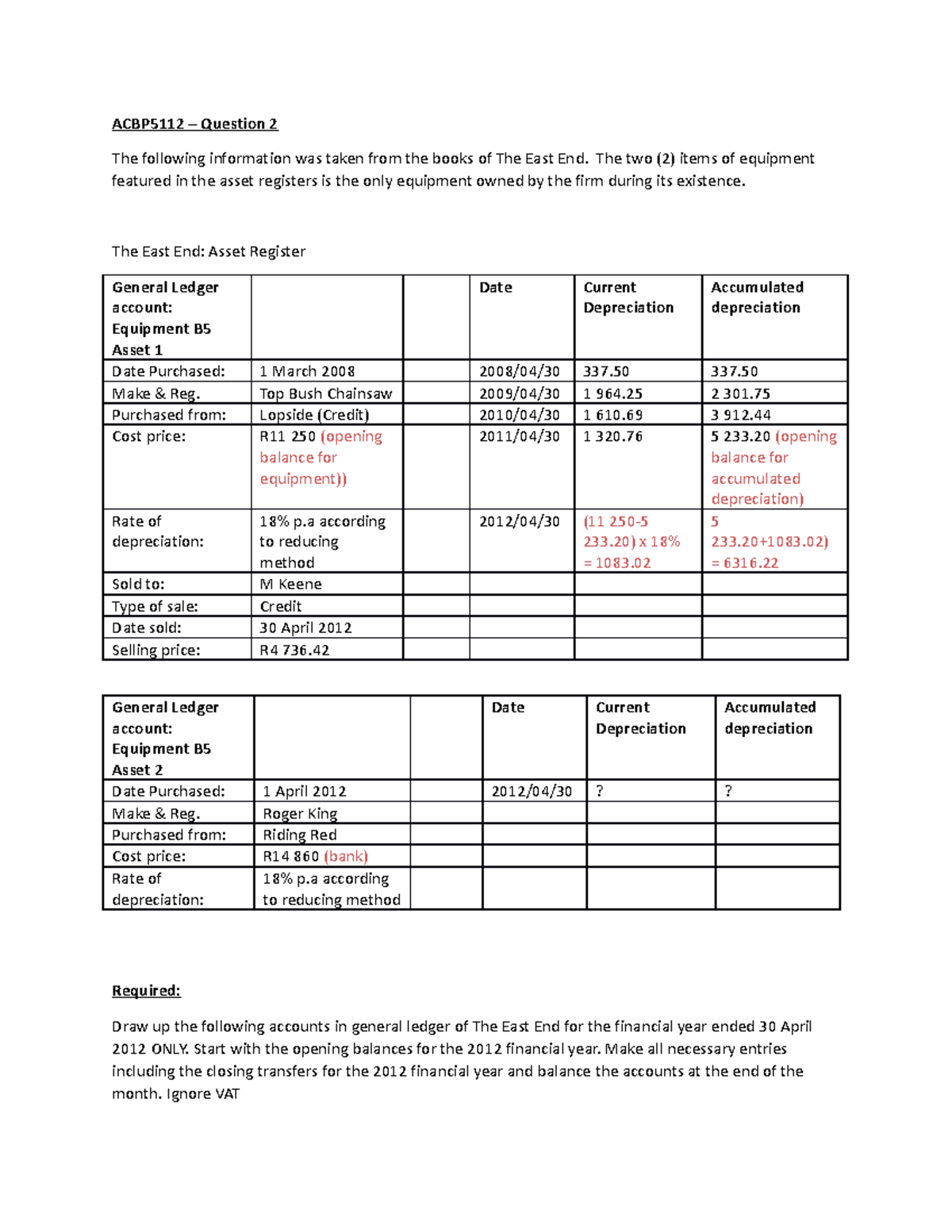 Practice depreciation questions - ACBP5112 – Question 2 The following ...