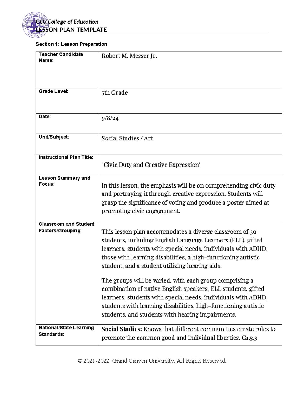 ELM 351 Topic 6 Civics Government Lesson Plan (Turn-In) - LESSON PLAN ...