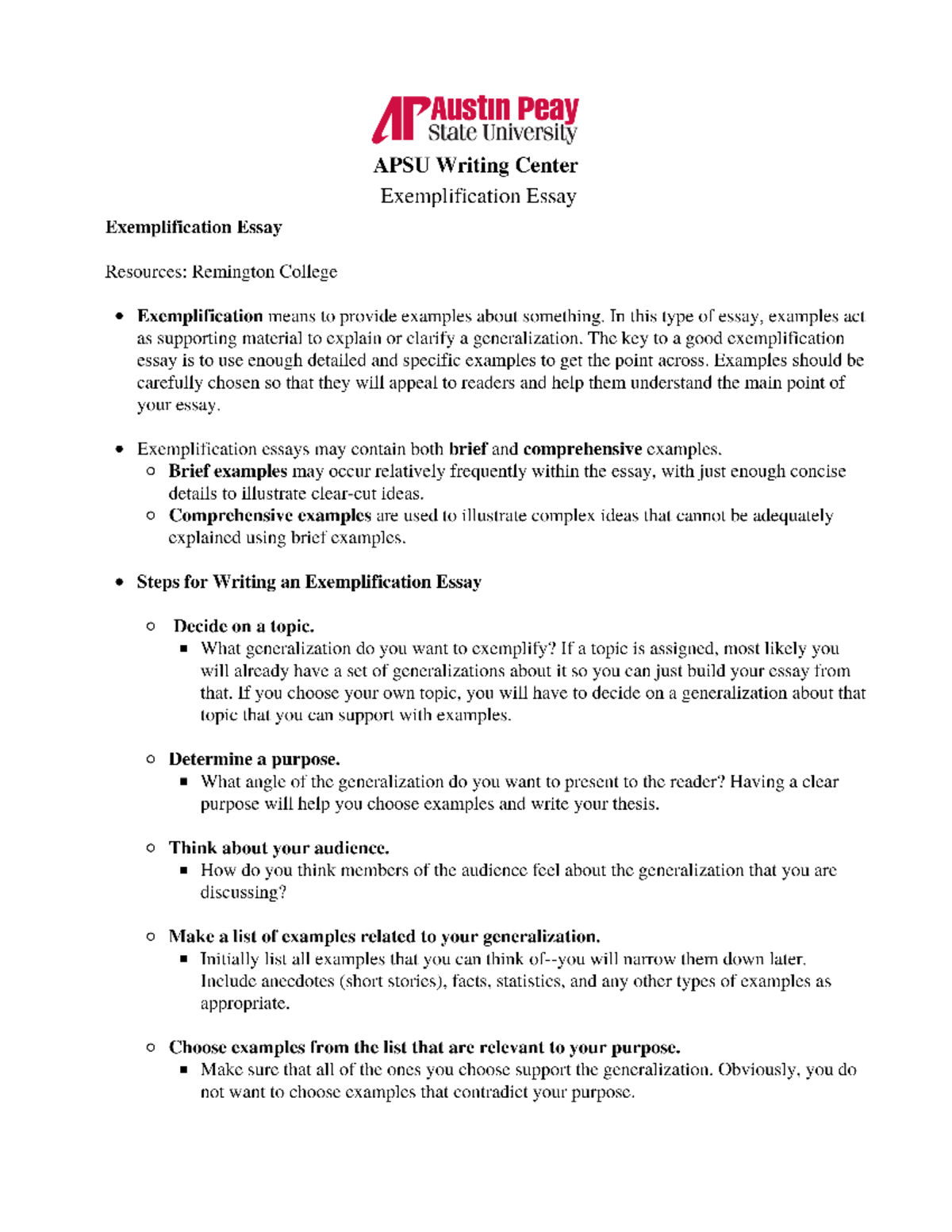 Exemplification essay handout 2022 - Bachelor of Secondary Education ...
