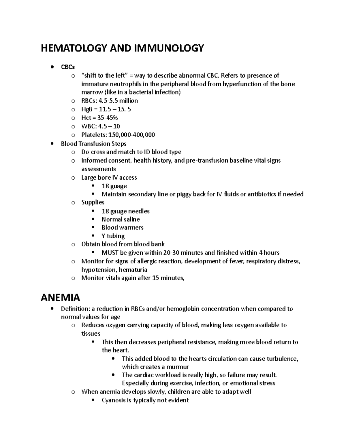 Hematology AND Immunology - HEMATOLOGY AND IMMUNOLOGY CBCs o “shift to ...