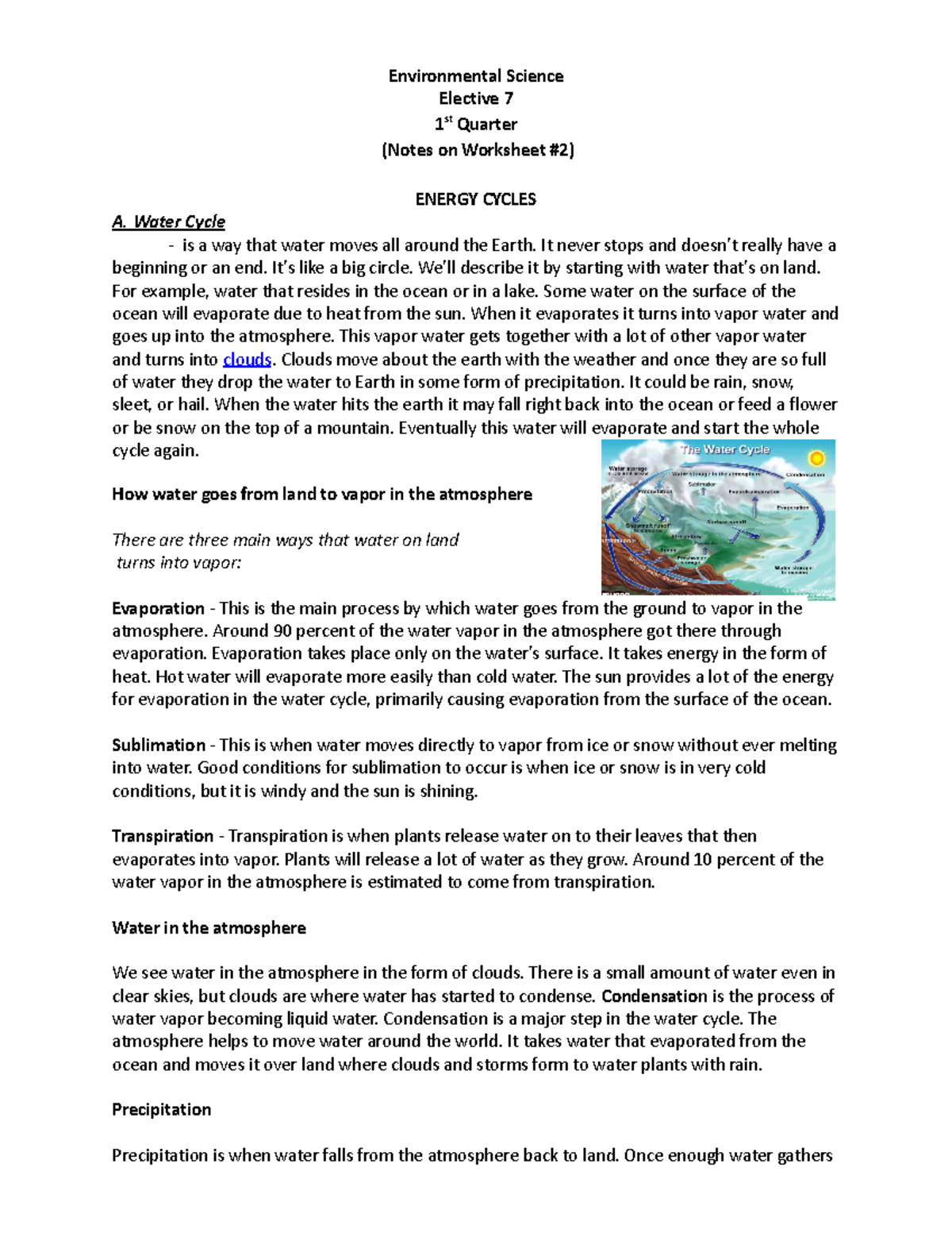 1st Q Worksheet 2 Energy Cycles - Environmental Science Elective 7 1 st ...