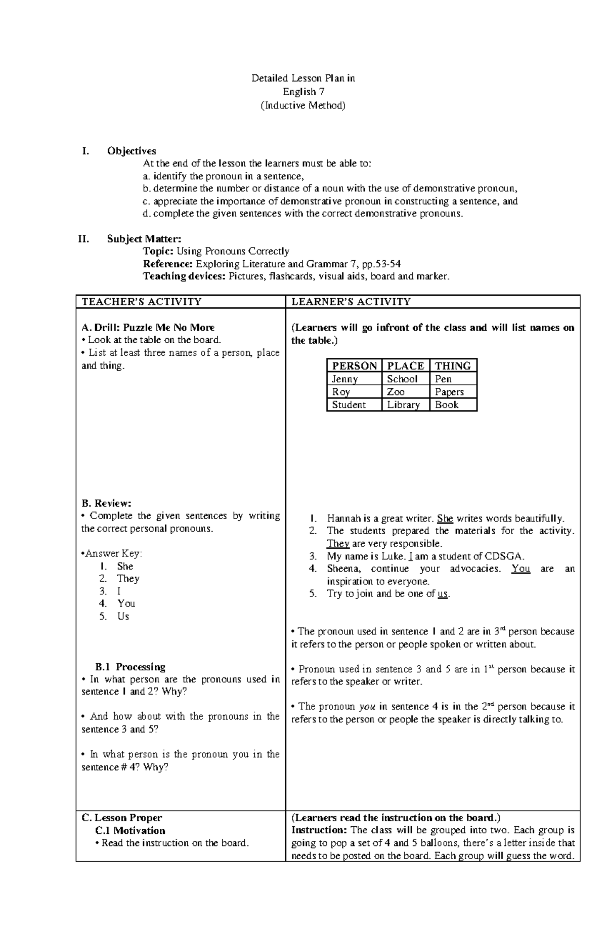 Inductive lesson plan - for the enhancing capabilities - Detailed ...