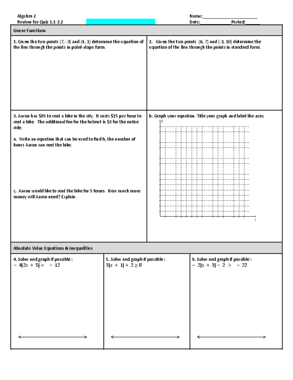 Review For Quiz 1 1 2 2 2020 Algebra 2 Name