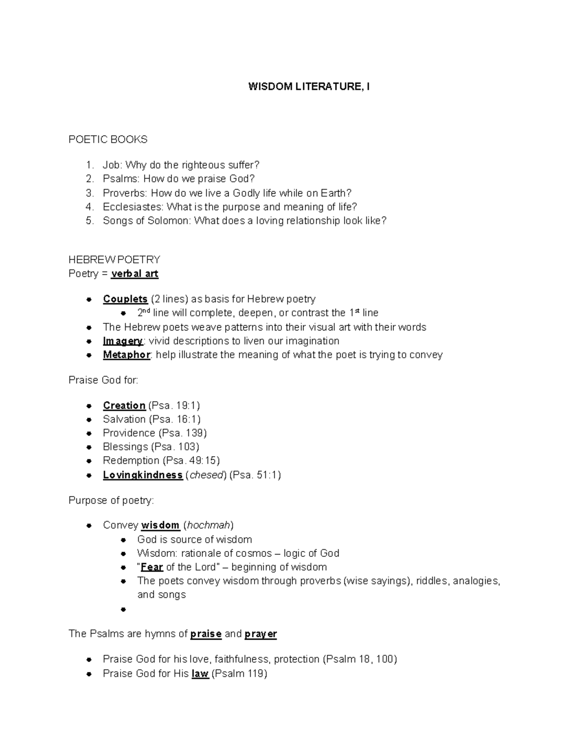 Bible notes 105 Chapter 10 - WISDOM LITERATURE, I POETIC BOOKS Job: Why ...