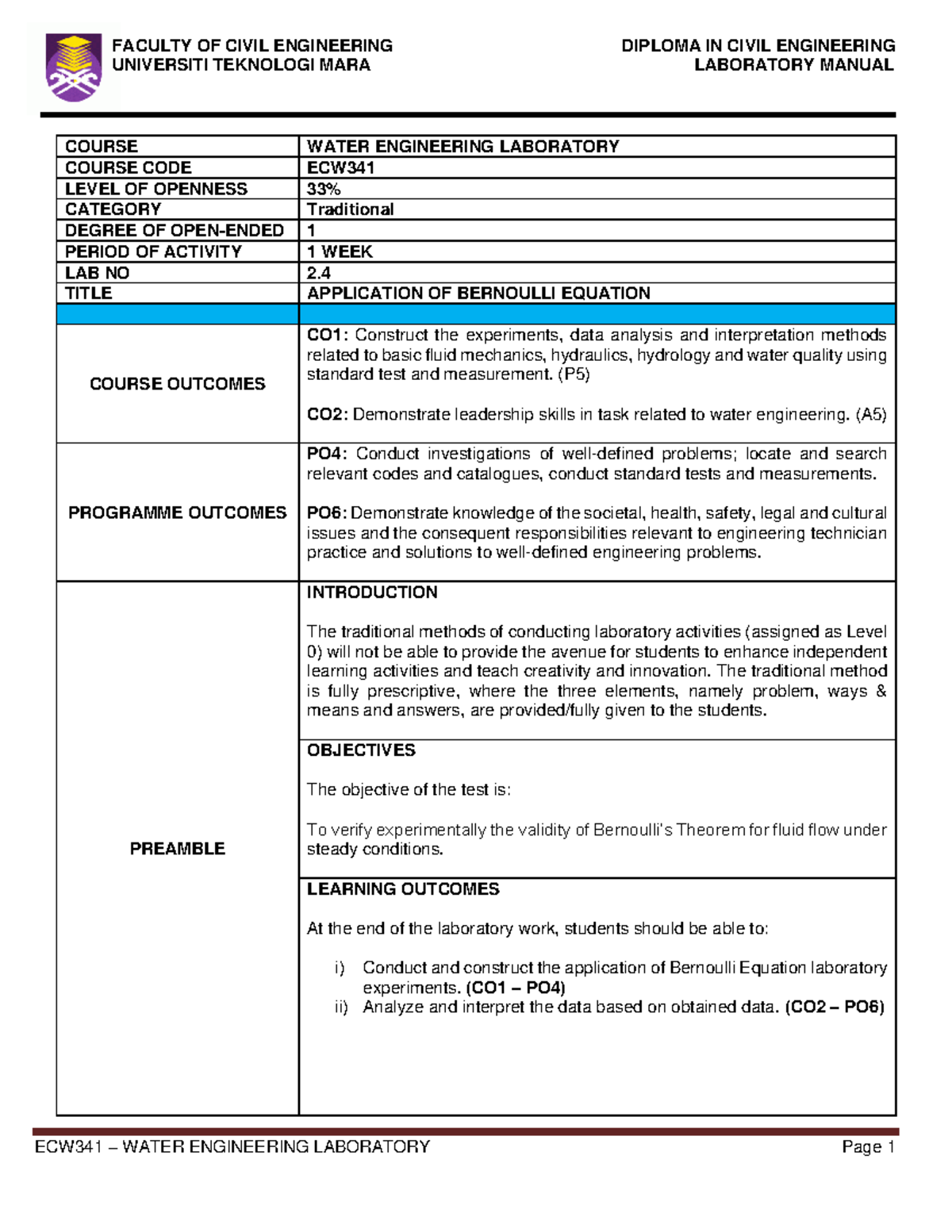 W3 Lab Manual 2.3 - Level 1 Application of Bernoulli Equation - UNIVERSITI TEKNOLOGI MARA ...