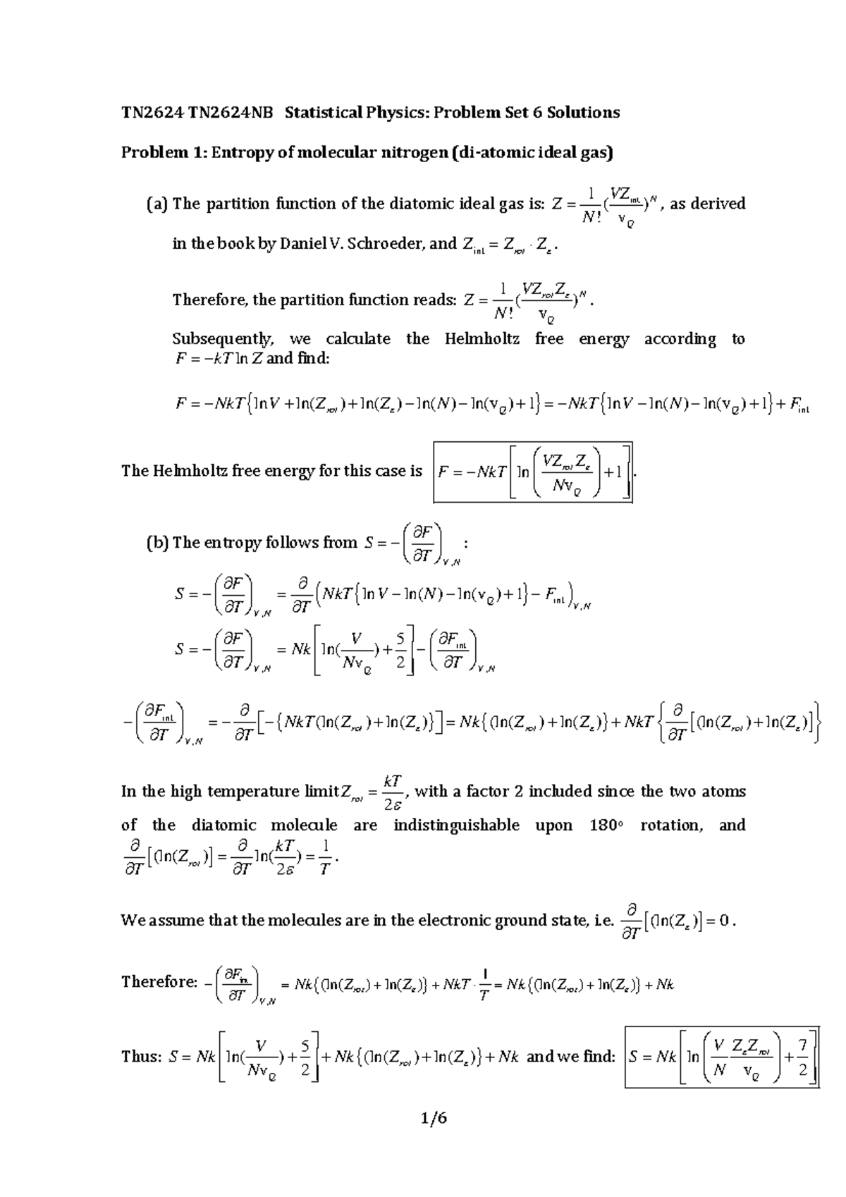Solutions PS6 2019 - TN2624 TN2624NB Statistical Physics: Problem Set 6 Solutions Problem 1 ...