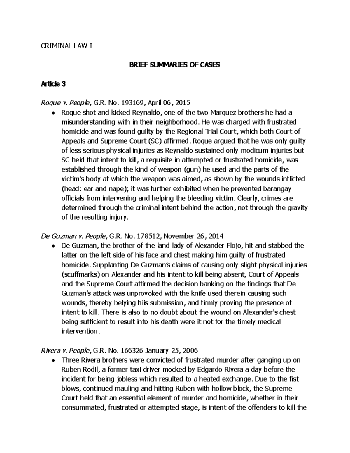 Assignment - Brief Summaries of Cases - CRIMINAL LAW I BRIEF SUMMARIES ...